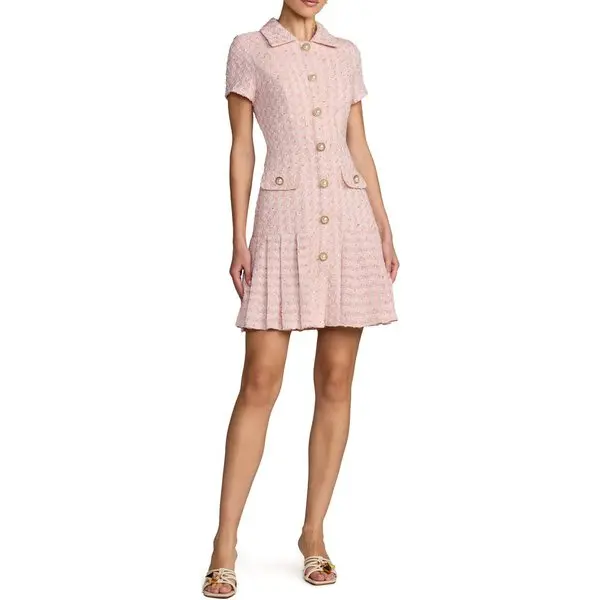 Mac Duggal Bouclé Cap Sleeve Button Up Pleated Mini Dress - Pink