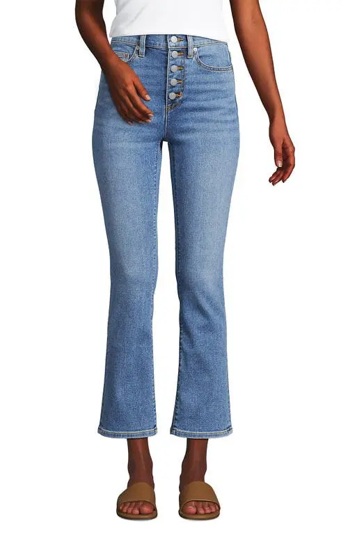 LANDS' END High Rise Denim Button Front Kick Flare Crop Jeans - Beau Blue
