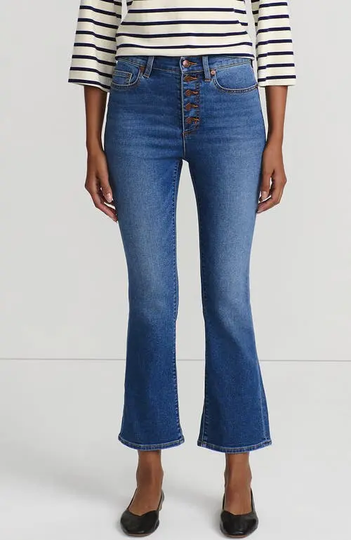 LANDS' END High Rise Button-fly Kick Flare Crop Jeans - Indigo Tide Blue