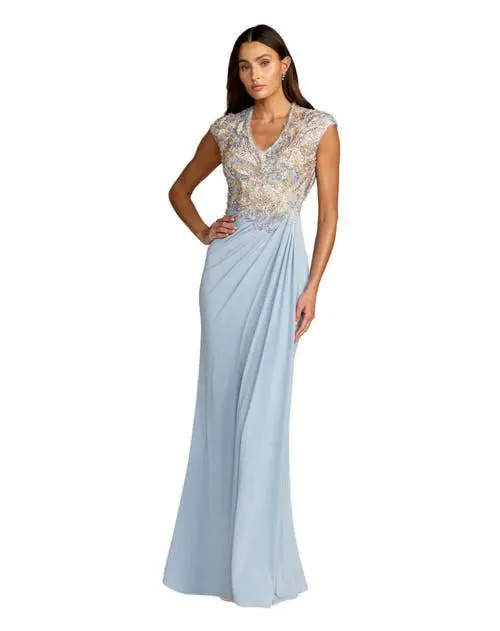Mac Duggal Jersey Beaded Embroidered V-neck Gown - French Blue