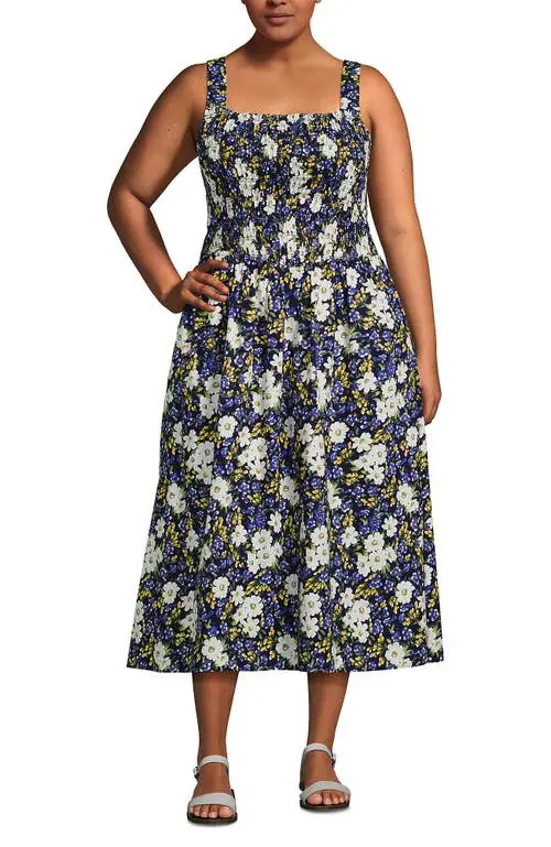 LANDS' END Poplin Smocked Bodice Midi Dress - Deep Sea Spring Floral