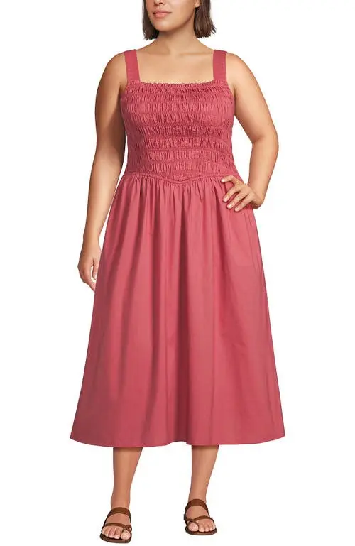 LANDS' END Poplin Smocked Bodice Midi Dress - Soft Mojave Rose