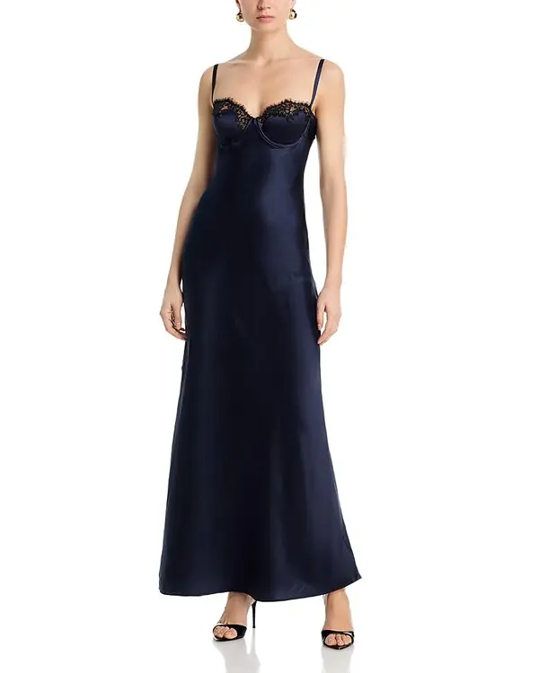 L'Agence Sayla Silk Bias Cut Maxi Dress With Lace Trim - Midnight