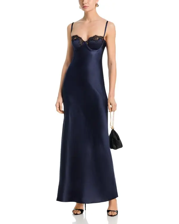 L'Agence Sayla Silk Bias Cut Maxi Dress With Lace Trim - Midnight