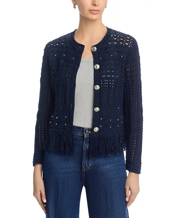 MILLY Beaded Fringe Crewneck Cardigan