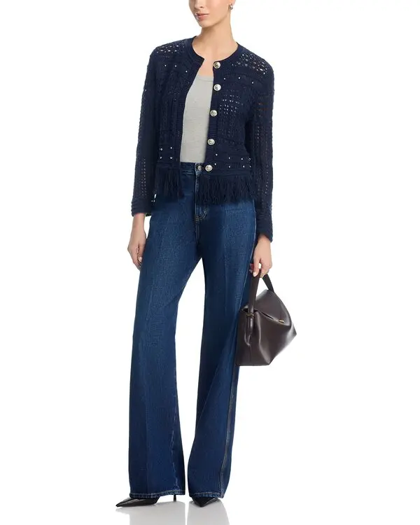 MILLY Beaded Fringe Crewneck Cardigan