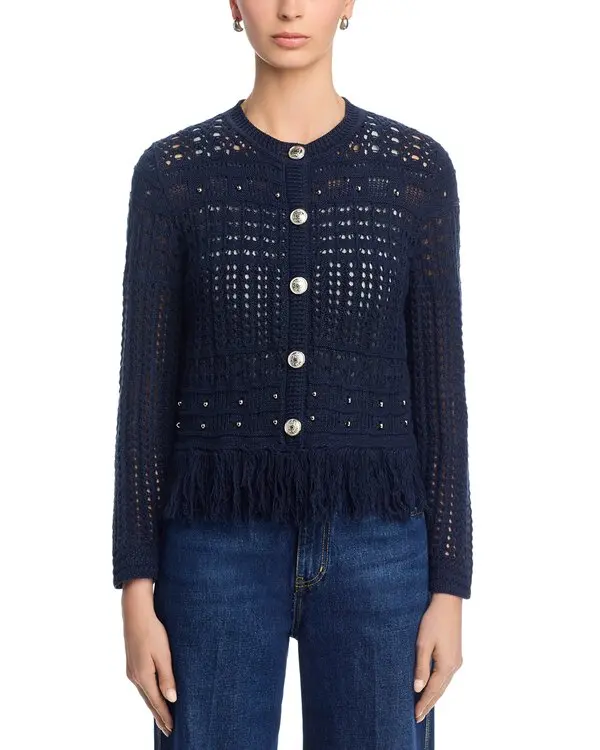 MILLY Beaded Fringe Crewneck Cardigan