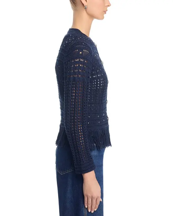 MILLY Beaded Fringe Crewneck Cardigan