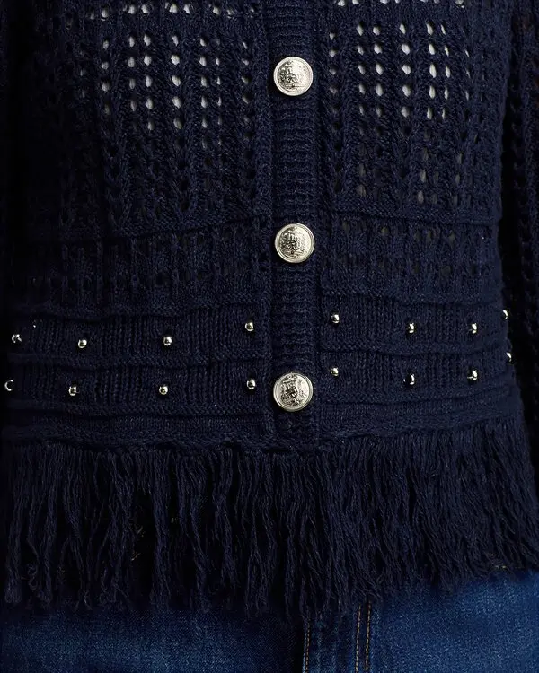 MILLY Beaded Fringe Crewneck Cardigan