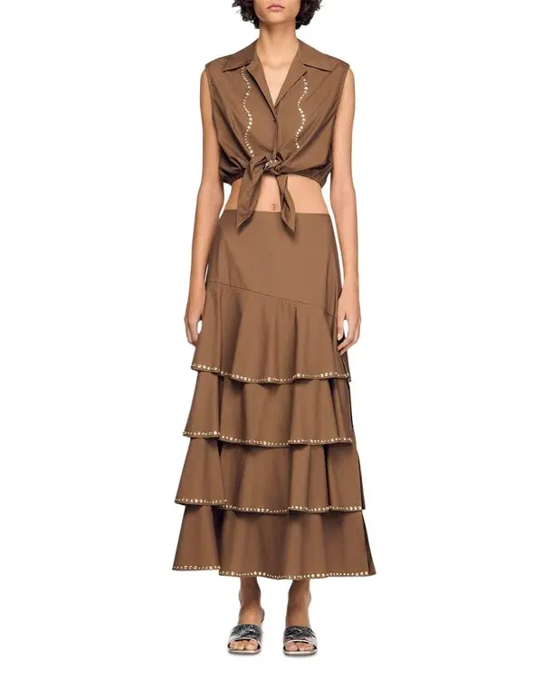 Sandro Telia Long Ruffled Rhinestone Skirt