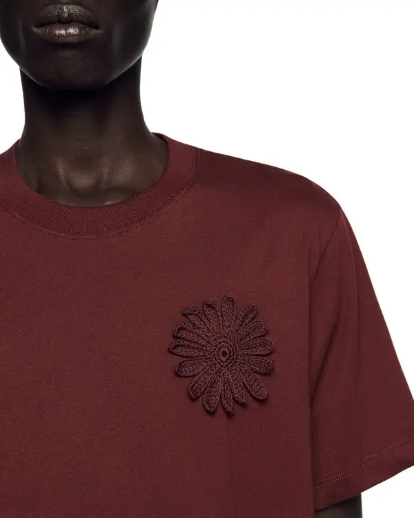 Sandro Cotton Crochet Flower Tee - Chocolate
