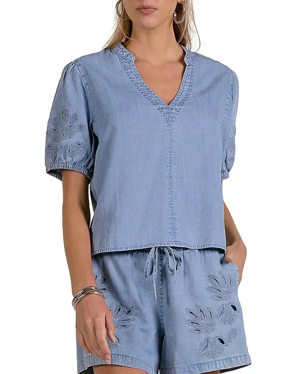 Elan Chambray Split Neck Top