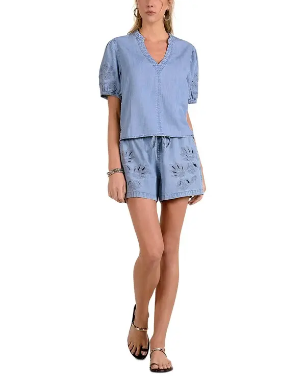 Elan Chambray Split Neck Top