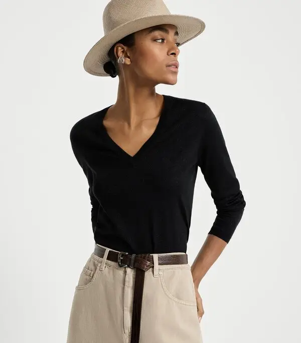 Brunello Cucinelli Cashmere-silk-blend V-neck Sweater - Black