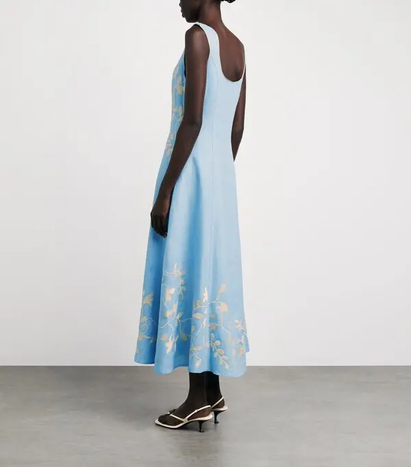 gaby embroidered midi dress GABY & GRACIE Embroidered Midi Dress Sz L Blue Floral Tiered Flutter Sleeve
