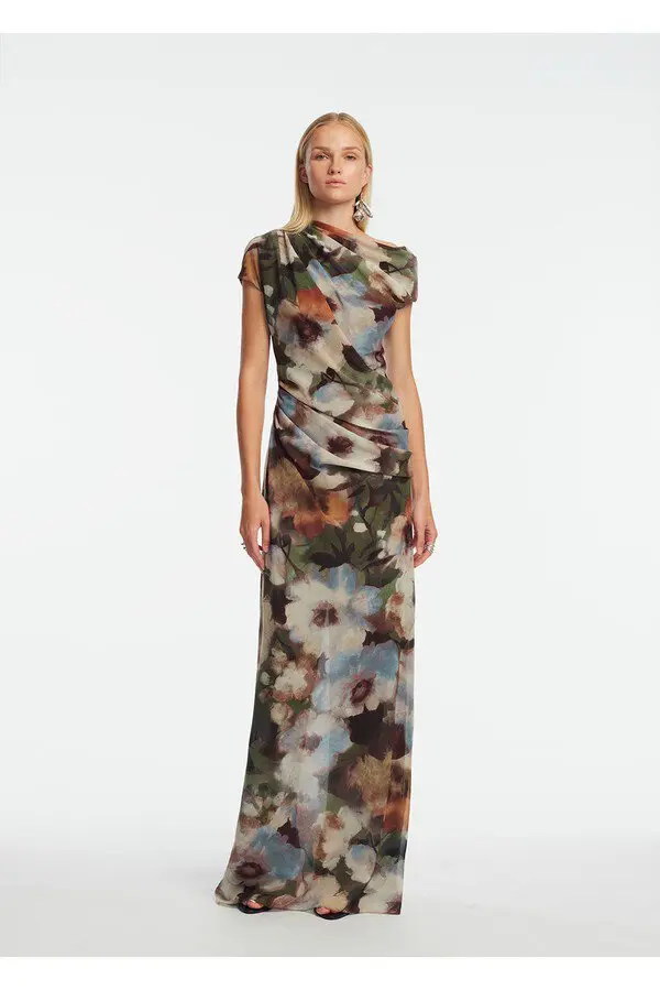 Lela Rose Printed Chiffon Draped Column Gown