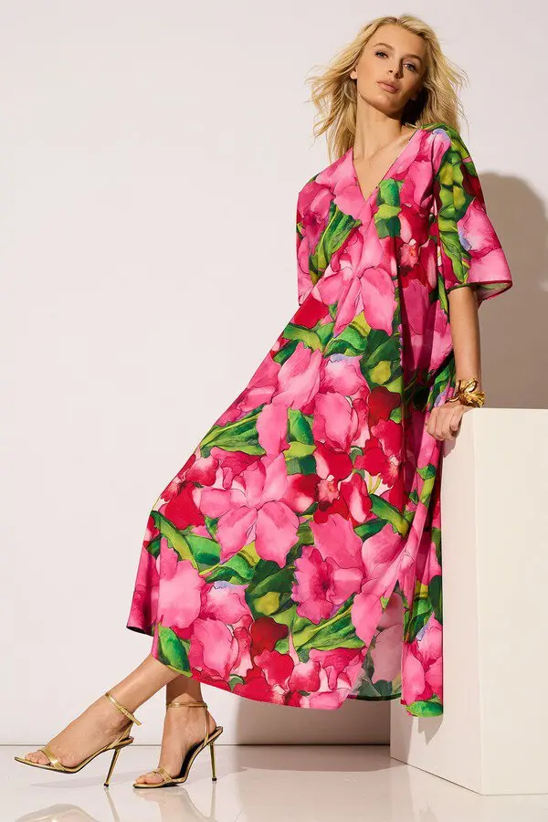Natori Isla Printed Satin V-neck Caftan - Pink