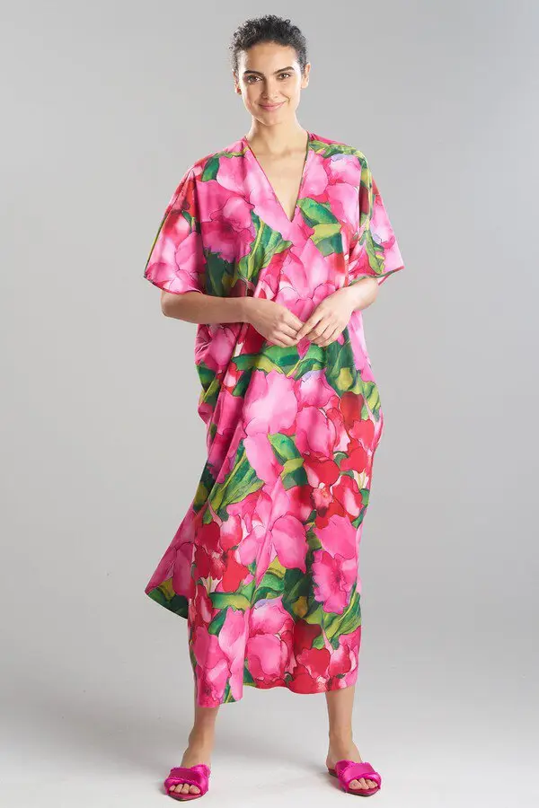 Natori Isla Printed Satin V-neck Caftan - Pink
