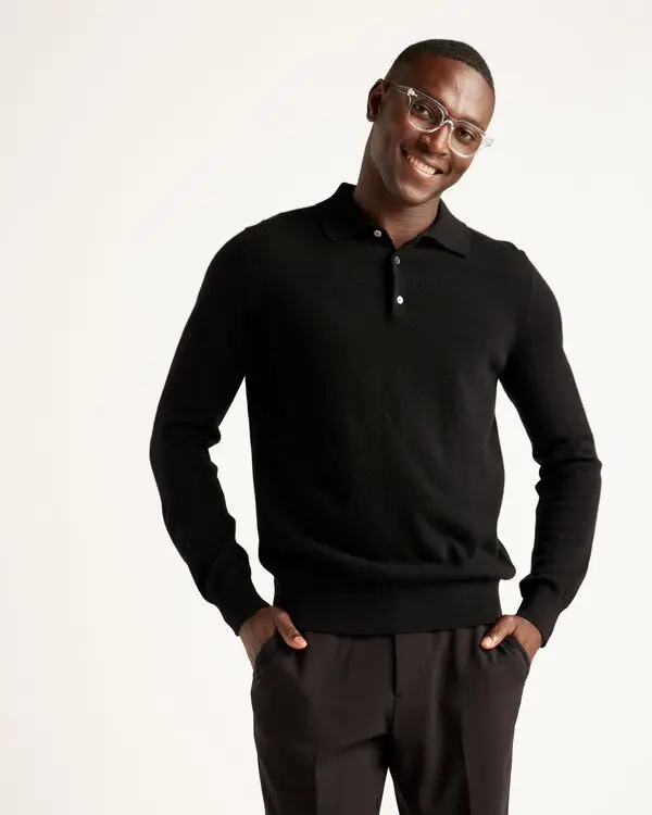 Quince Lightweight Mongolian Cashmere Polo Sweater - Black