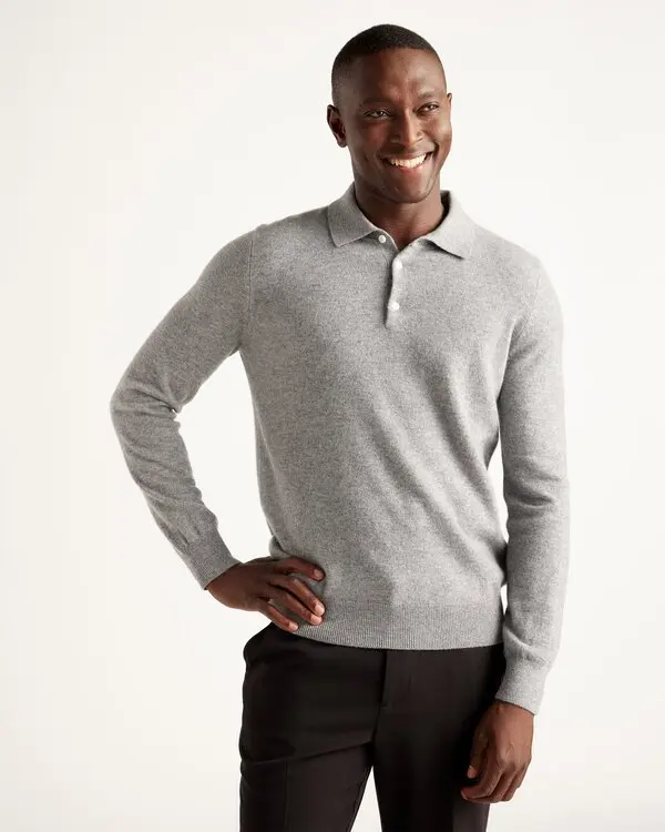 Quince Lightweight Mongolian Cashmere Polo Sweater - Heather Grey