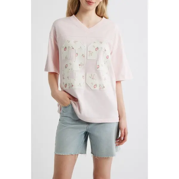 VINYL ICONS Numeral Floral Appliqué Cotton Blend T-shirt - Pink