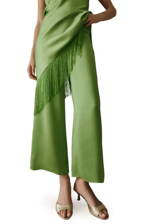Mango Satin Wide Leg Ankle Length Pants - Green