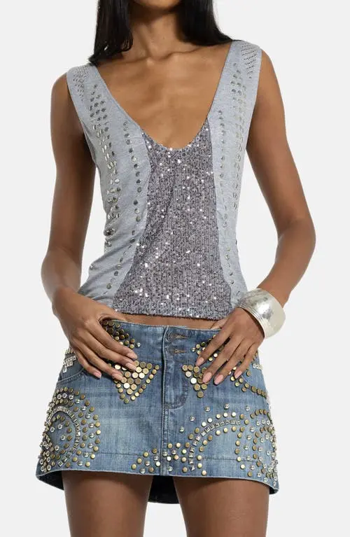 JADED LONDON Studded Sequin Plunge Neck Tank - Grey