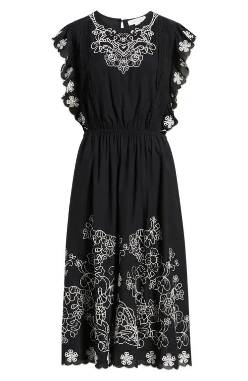 Treasure & Bond Floral Embroidered Flutter Sleeve Midi Dress - Black