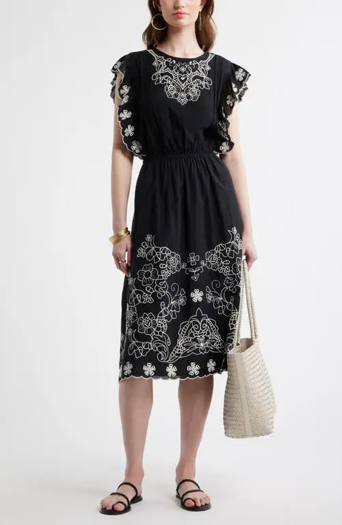 Treasure & Bond Floral Embroidered Flutter Sleeve Midi Dress