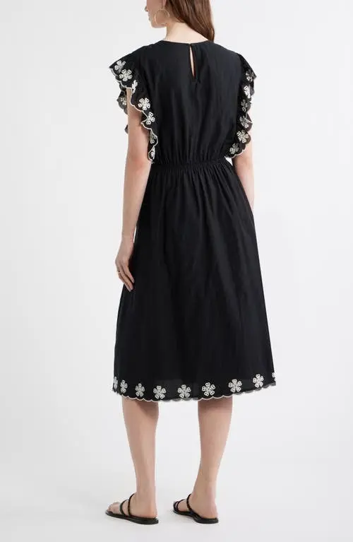 Treasure & Bond Floral Embroidered Flutter Sleeve Midi Dress