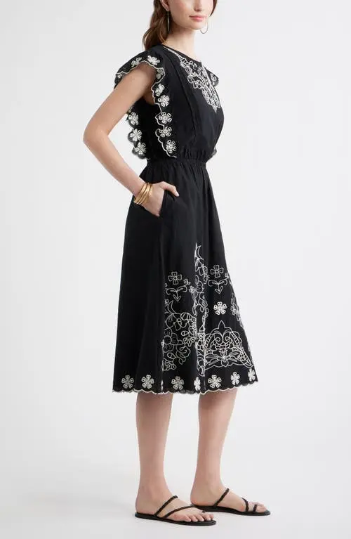 Treasure & Bond Floral Embroidered Flutter Sleeve Midi Dress
