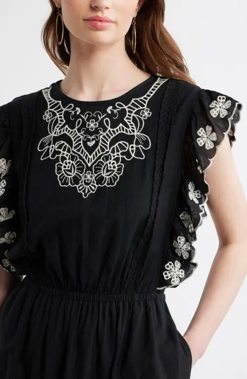Treasure & Bond Floral Embroidered Flutter Sleeve Midi Dress