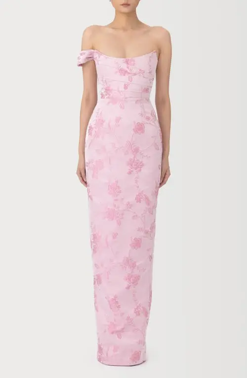SAU LEE Metallic Floral Brocade Strapless Gown