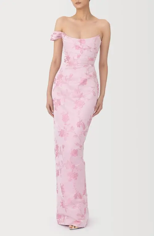 SAU LEE Metallic Floral Brocade Strapless Gown