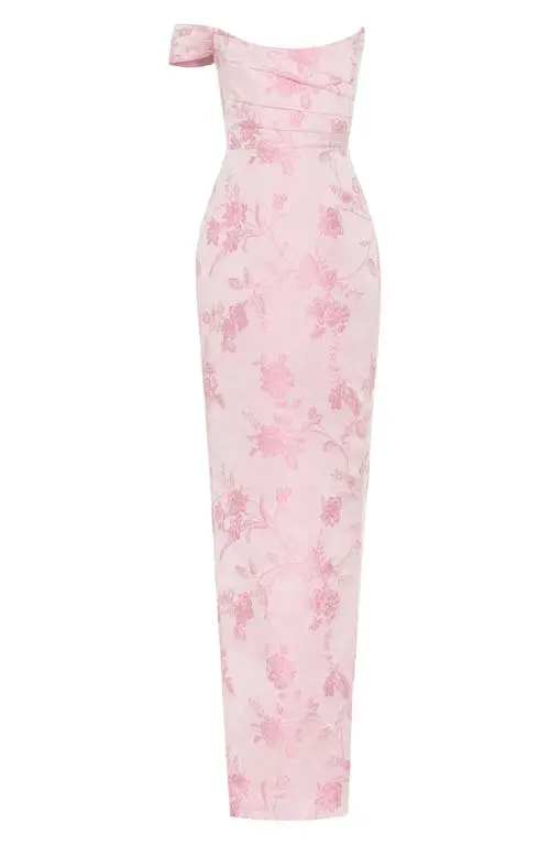 SAU LEE Metallic Floral Brocade Strapless Gown