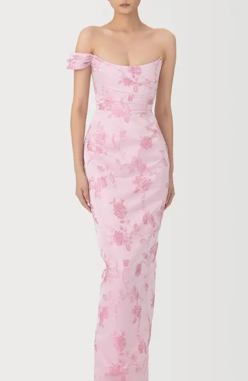SAU LEE Metallic Floral Brocade Strapless Gown