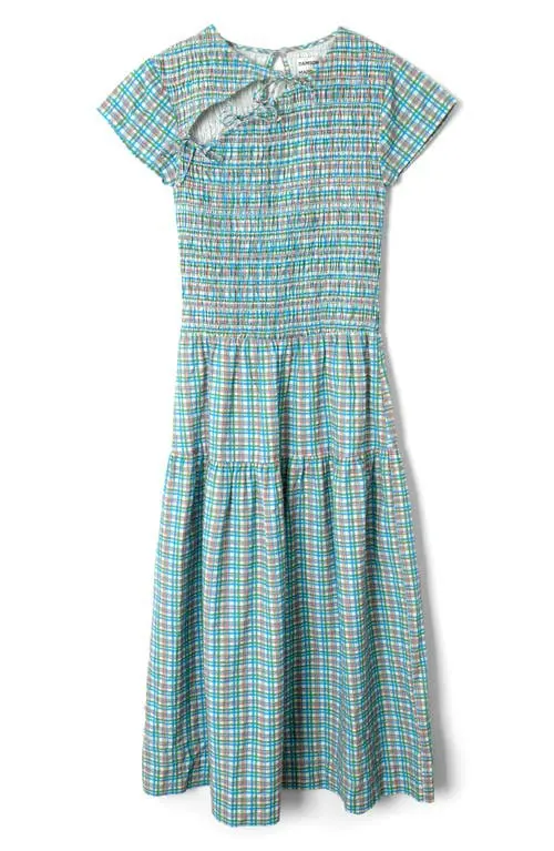 DAMSON MADDER Ebba Plaid Cutout Detail Organic Cotton Dress - Teal Multi