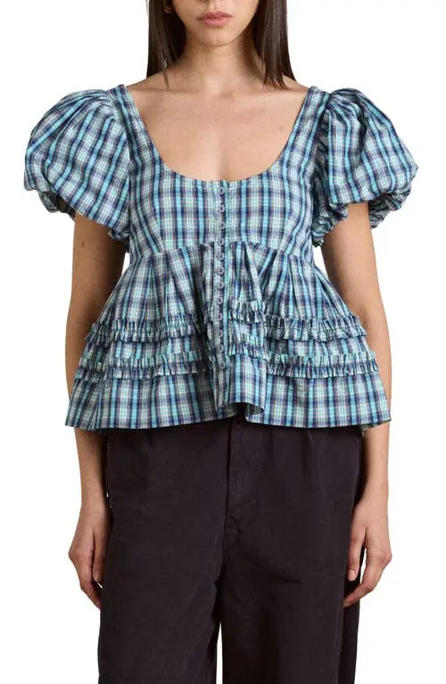 DAMSON MADDER Summer Joy Plaid Organic Cotton Top - Blue