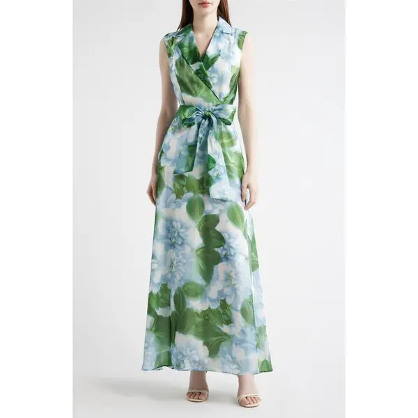 Julia Jordan Tie Waist Sleeveless Gown - Green Multi