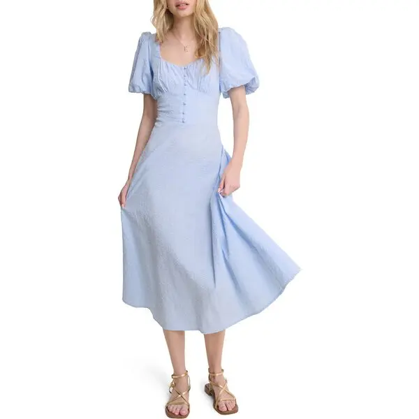 NOBODY'S CHILD Melody Texture Puff Sleeve Organic Cotton Midi Dress