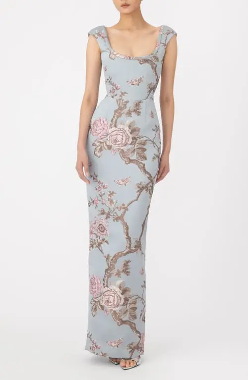 SAU LEE Brooke Floral Brocade Column Gown