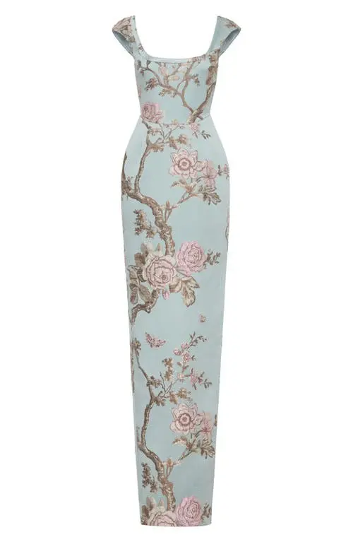 SAU LEE Brooke Floral Brocade Column Gown