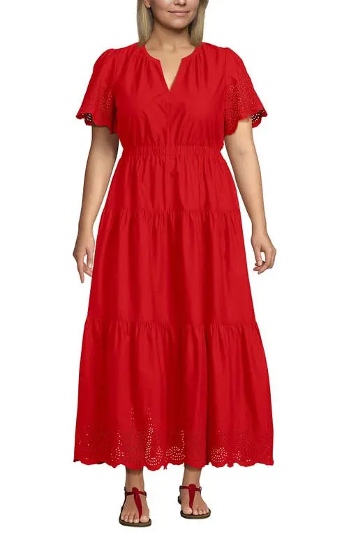 LANDS' END Tiered Cotton Poplin Eyelet Maxi Dress - Coral Red Eyelet