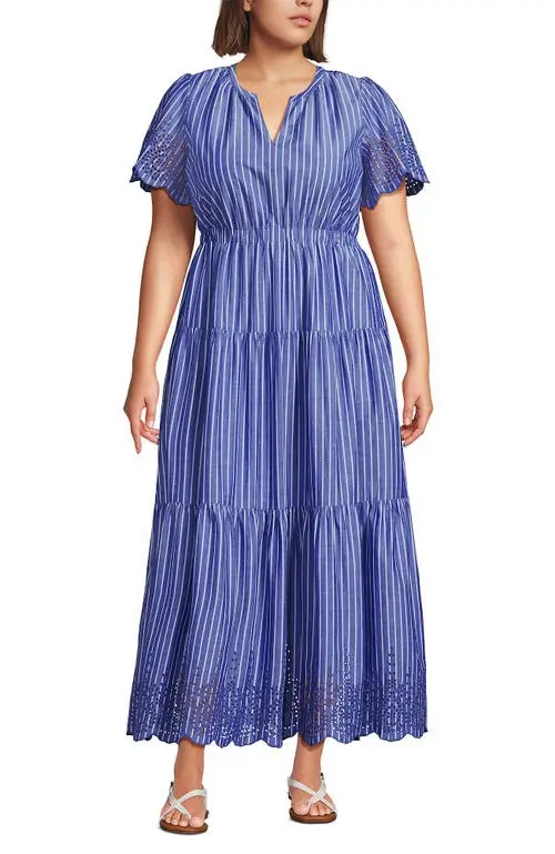LANDS' END Tiered Cotton Poplin Eyelet Maxi Dress - Sapphire Gem Stripe Eyelet