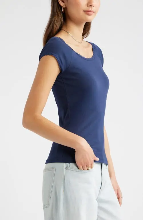 Bp. Lace Trim Cotton-blend T-shirt - Navy Iris