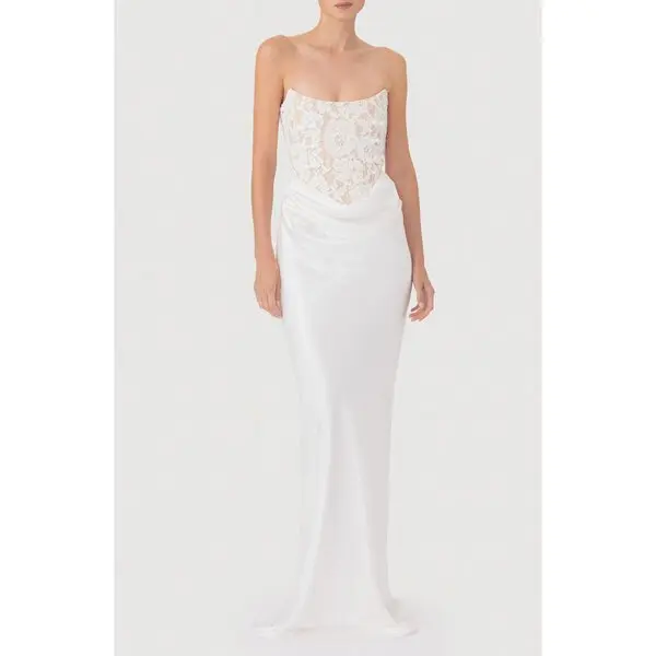 SAU LEE Blair Lace Bodice Strapless Gown - White