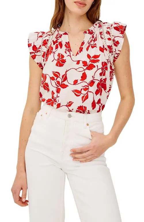 Rails Floral Ladder Stitch Flutter Sleeve Top - Red Jasmine