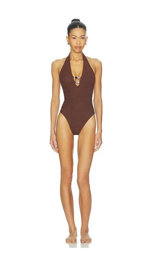 Hunza G Adriana Beaded One Piece In Chocolate - Metallic Chocolate
