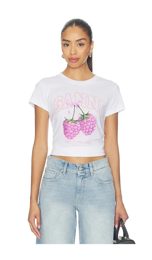 GANNI Baby Fit Raspberry T-shirt In White - Bright White