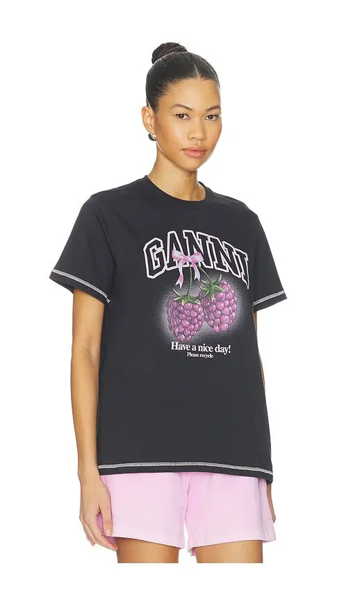 GANNI Cotton Jersey Raspberry Print T-shirt - Phantom